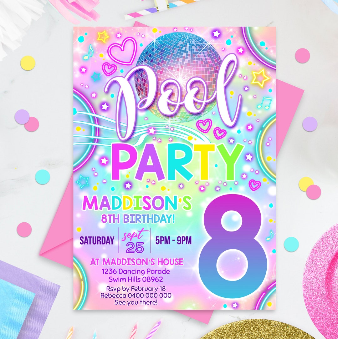 DISCO POOL PARTY Invitation Neon Pool Disco Party Invitation Instant ...