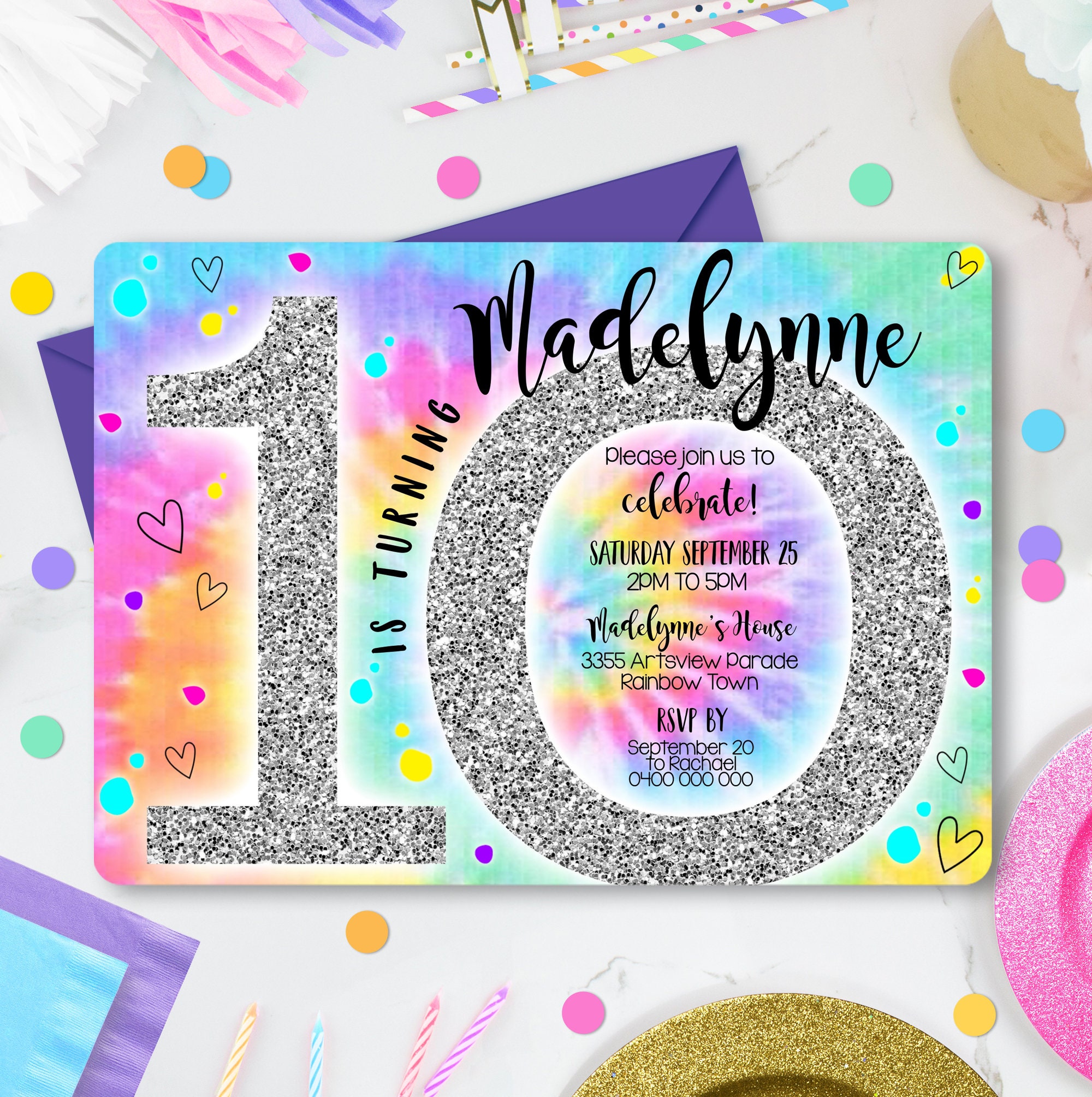 TIE DYE 10th Birthday Invitation Instant Download Rainbow Tie | Etsy