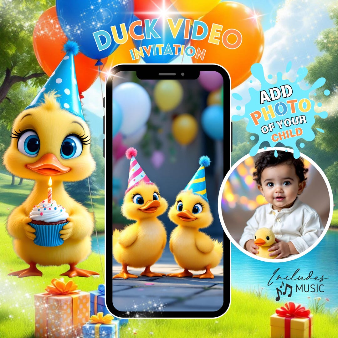 Duck Birthday Video Invitation: Animated Photo Evite, One Lucky Duck ...