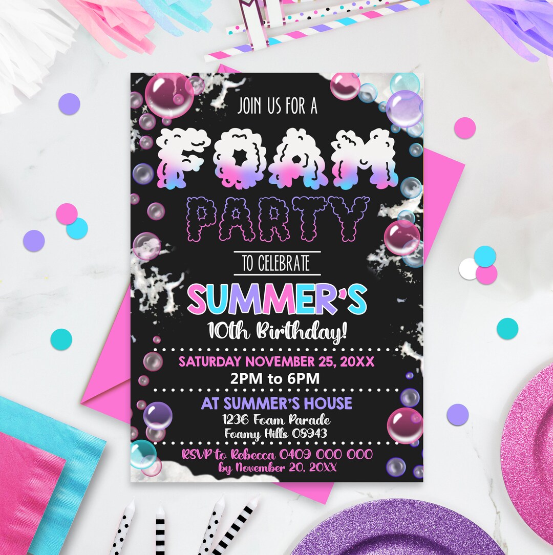 FOAM Party Birthday Invitation Pink Foam Birthday Party Editable Foam ...