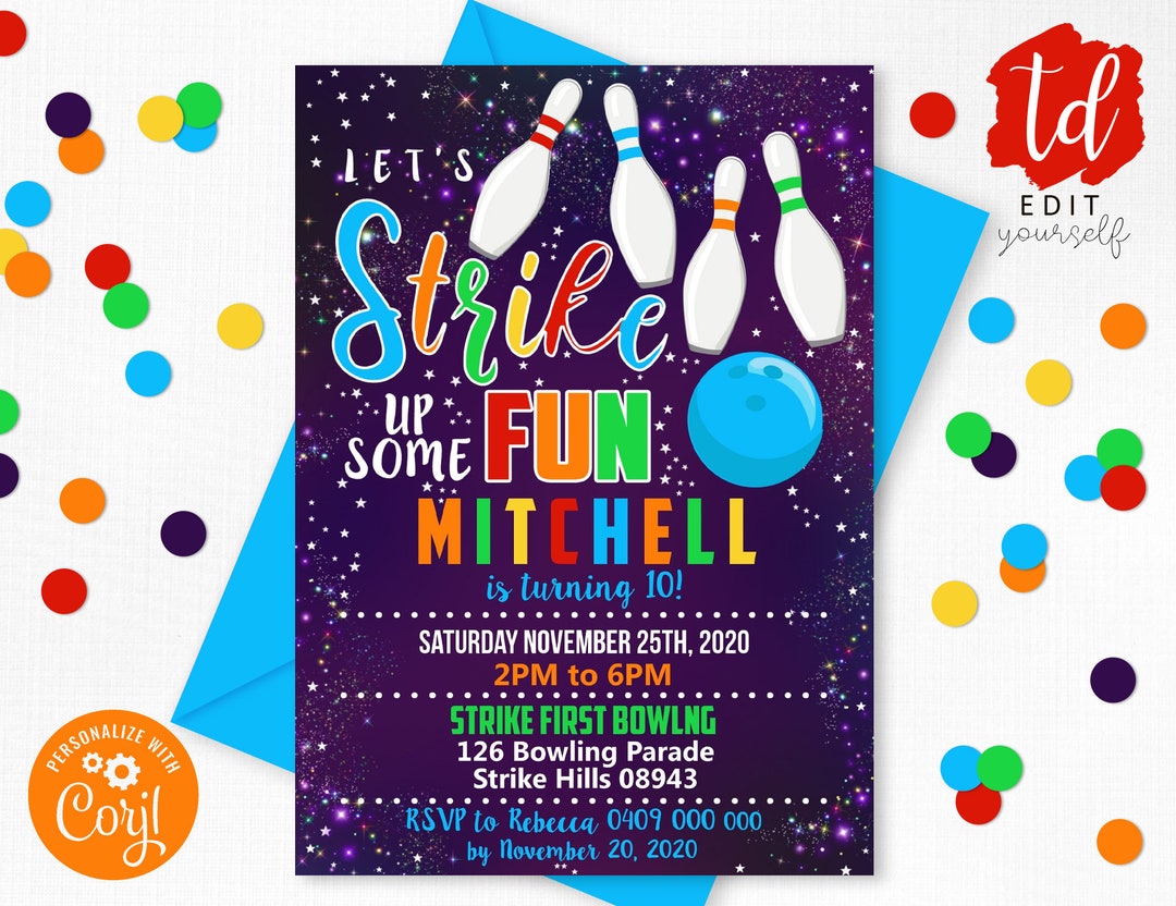 BOWLING INVITATION Bowling Birthday Party Invitation Editable Ten Pin ...
