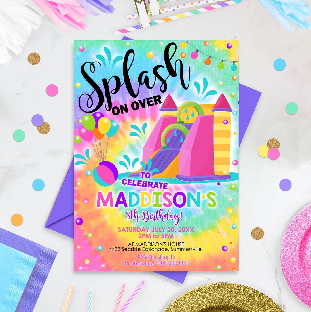 WATERSLIDE PARTY Invitation Girl Tie Dye Water Slide Party Invitation ...