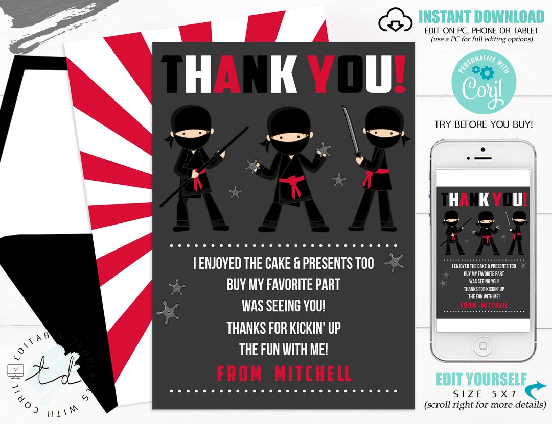NINJA THANK YOU Card Instant Download Thankyou Card Karate Thank You ...