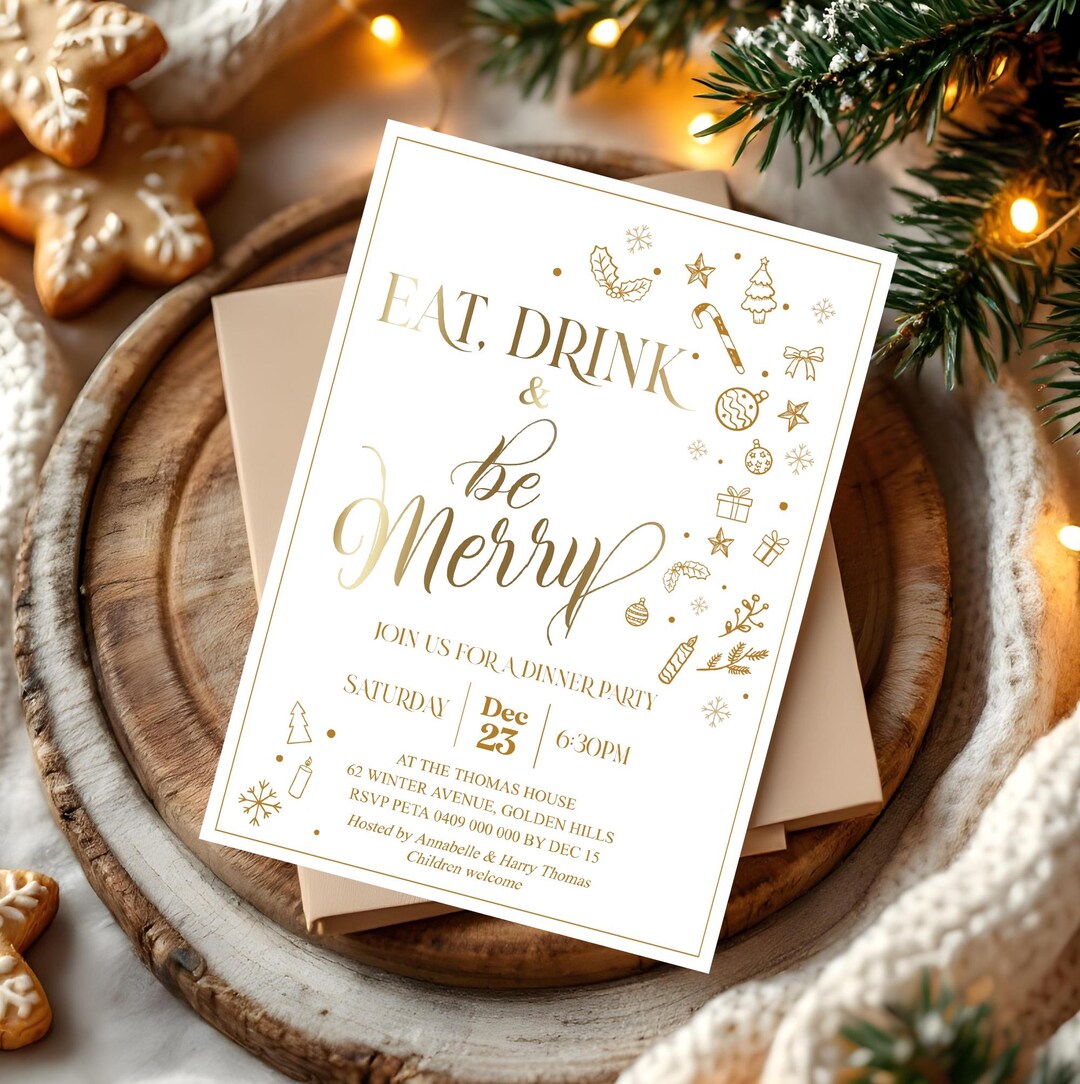 Gold Eat Drink and Be Merry Invitation | Editable Gold White Christmas ...