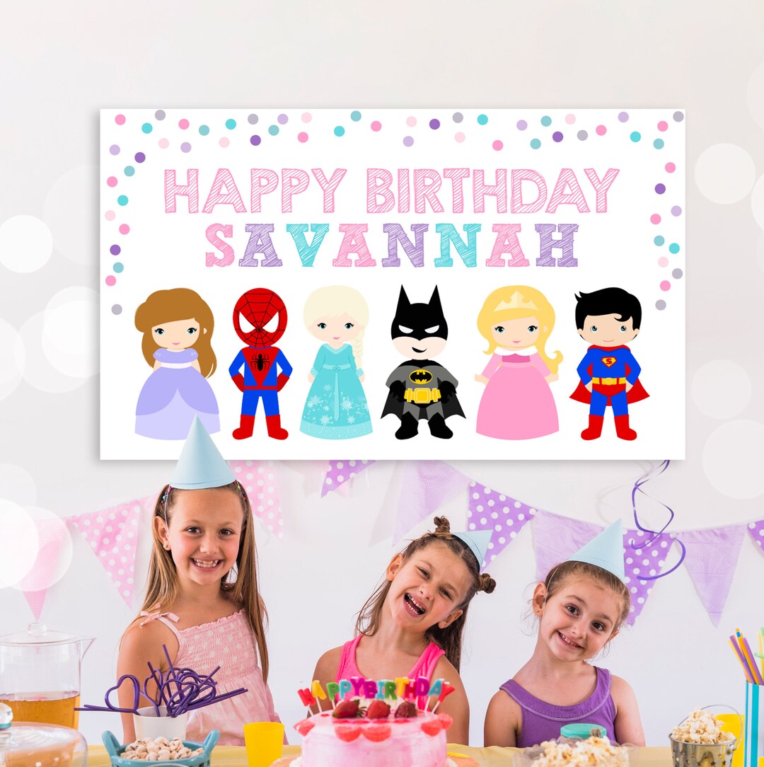 Princess Superhero Birthday Banner: Editable Boy Girl Welcome Sign ...
