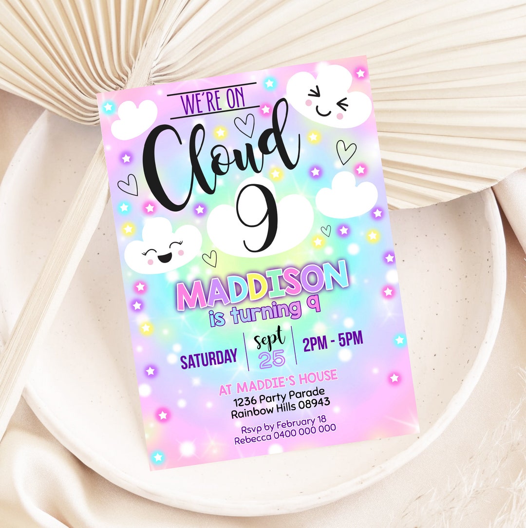 RAINBOW CLOUD 9 INVITATION Editable Rainbow Clouds 9th Birthday ...