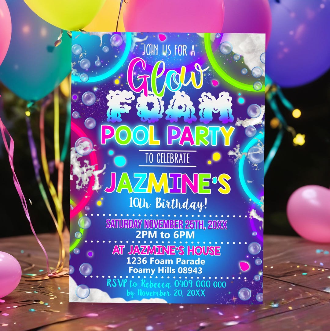 GLOW FOAM POOL Party Birthday Invitation Foam Birthday Party Editable ...