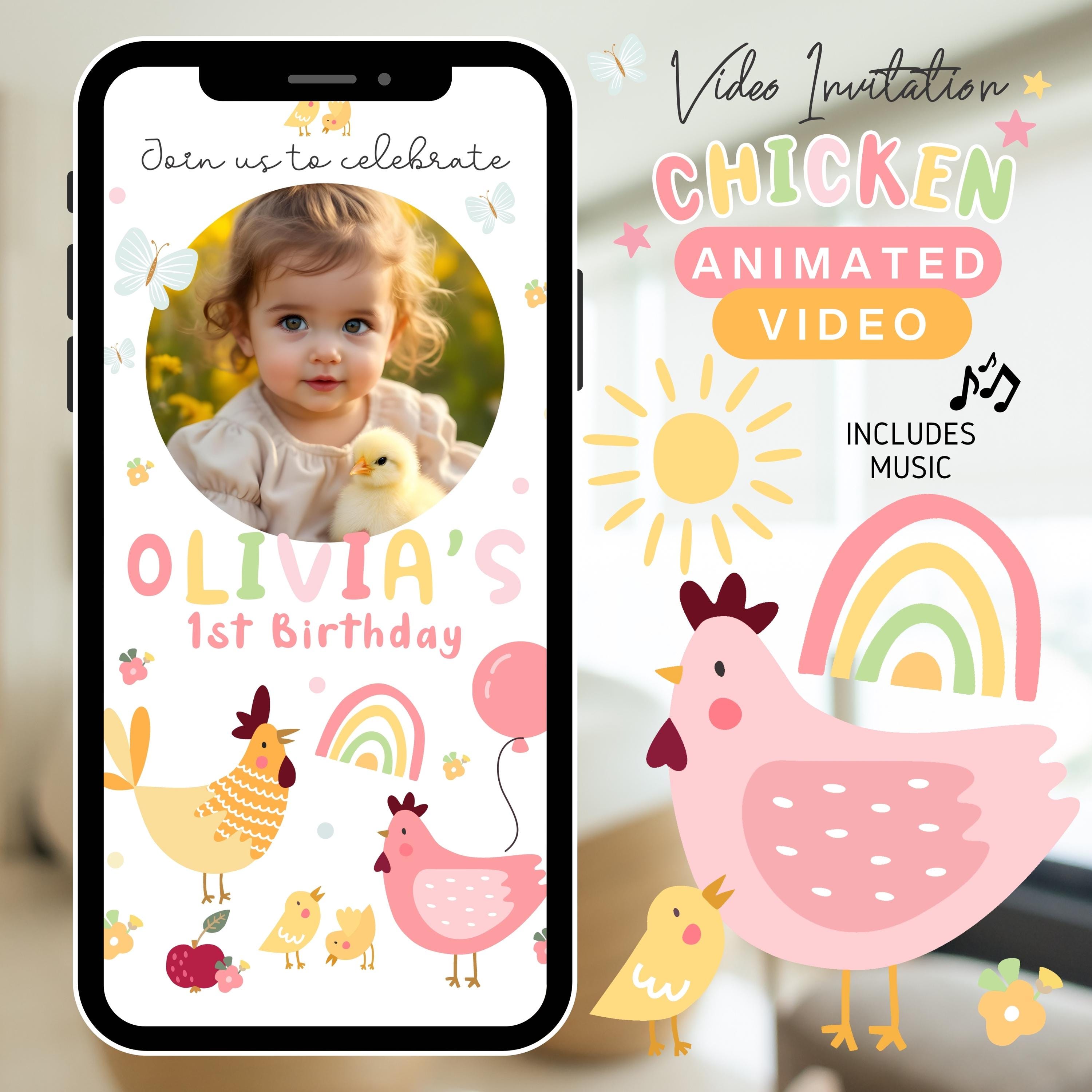 Chicken 1st Birthday Video Invitation: Editable Spring Chick (digital ...