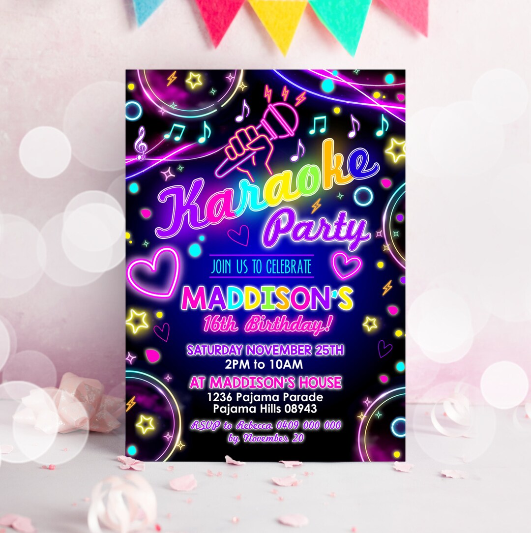 KARAOKE INVITATION Instant Download Neon Karaoke Birthday Invitation ...