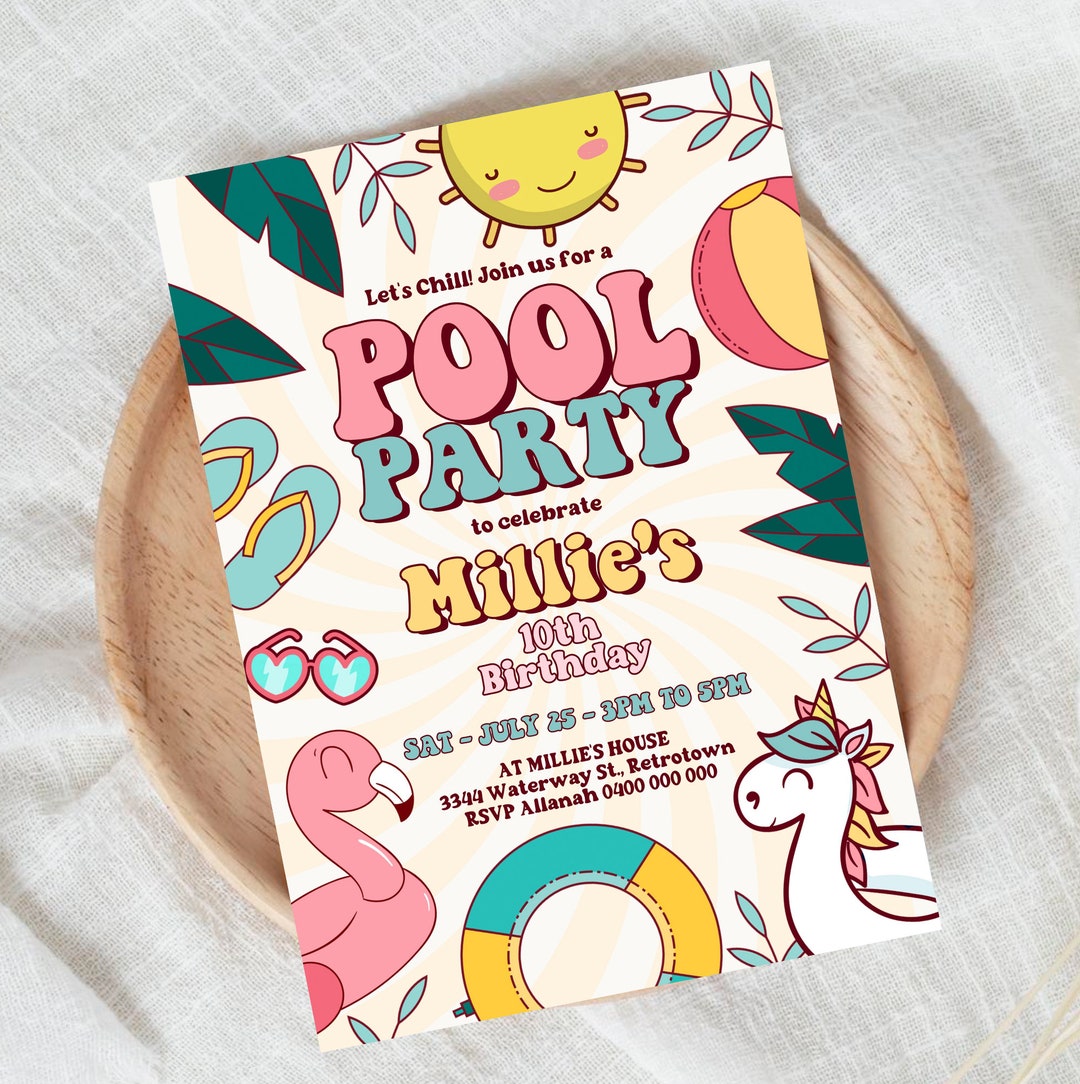POOL PARTY Invitation Girl Retro Summer Pool Swimming Party Invite ...