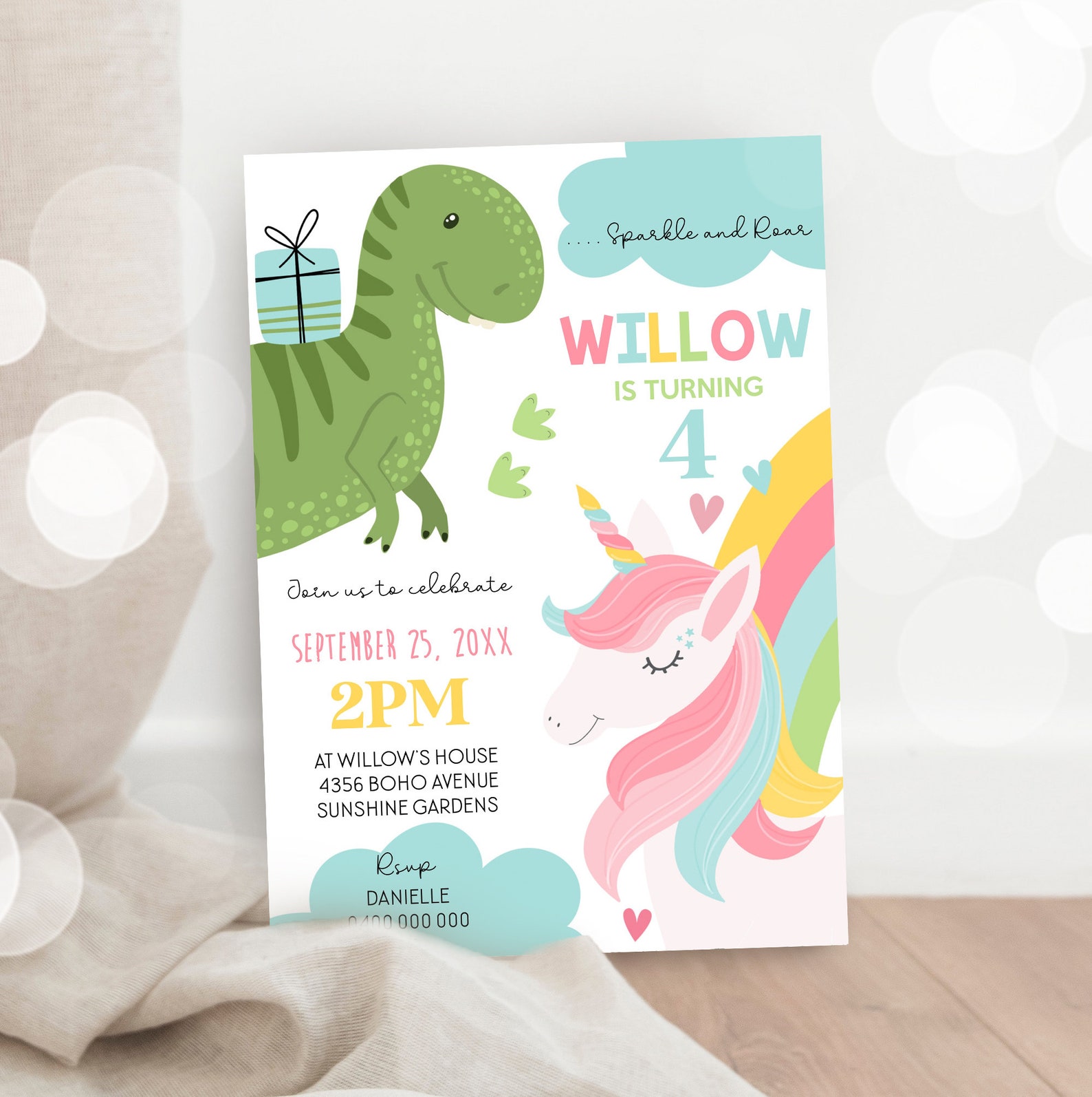 UNICORN and DINOSAUR Birthday Invitation Editable Unicorn - Etsy