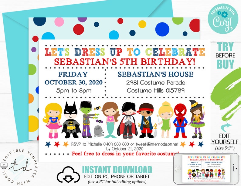 Costume Birthday Party Invitation: Dress up Theme (DIY Download) - Etsy
