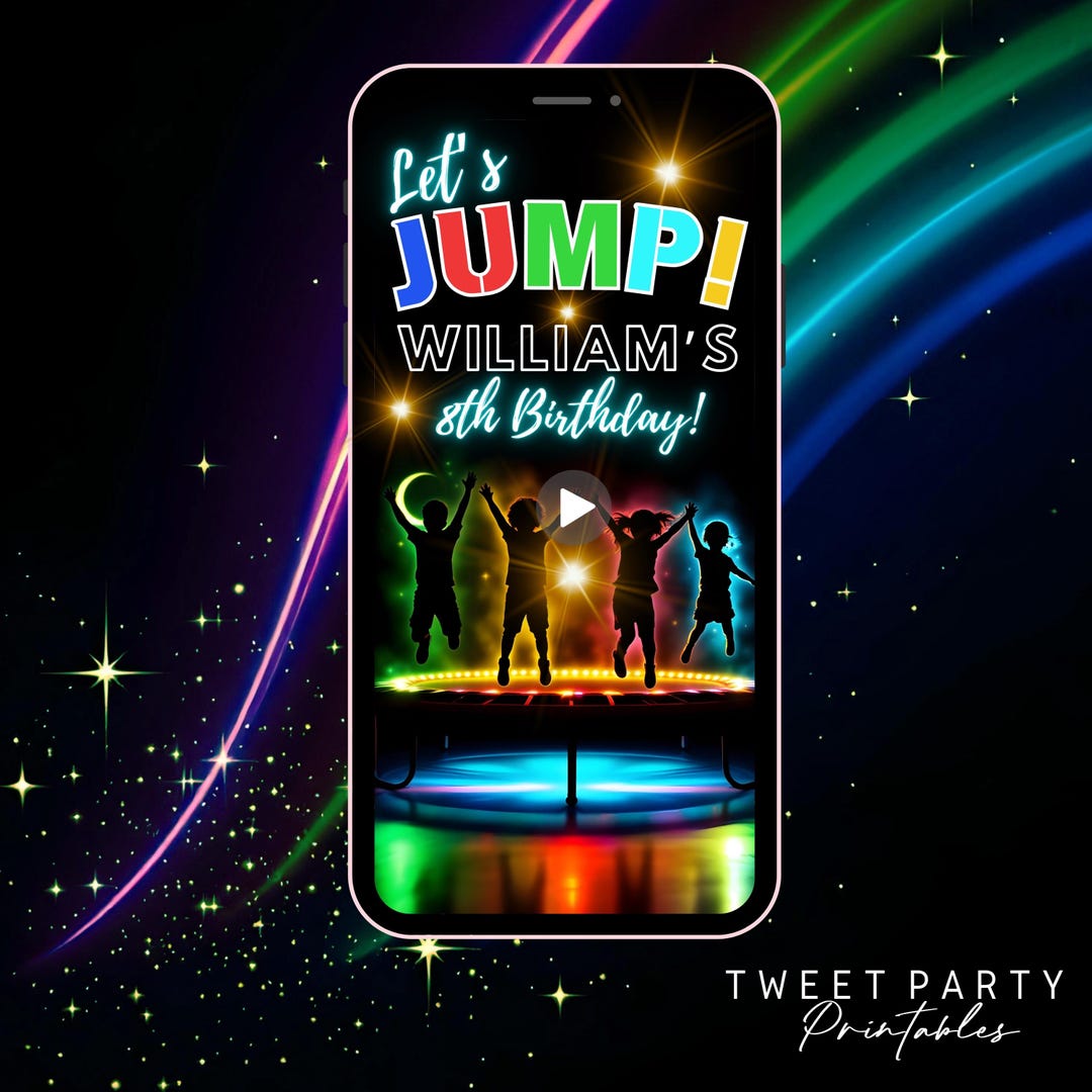 Jump Birthday Video Invitation: Animated Neon Boy Trampoline Party ...