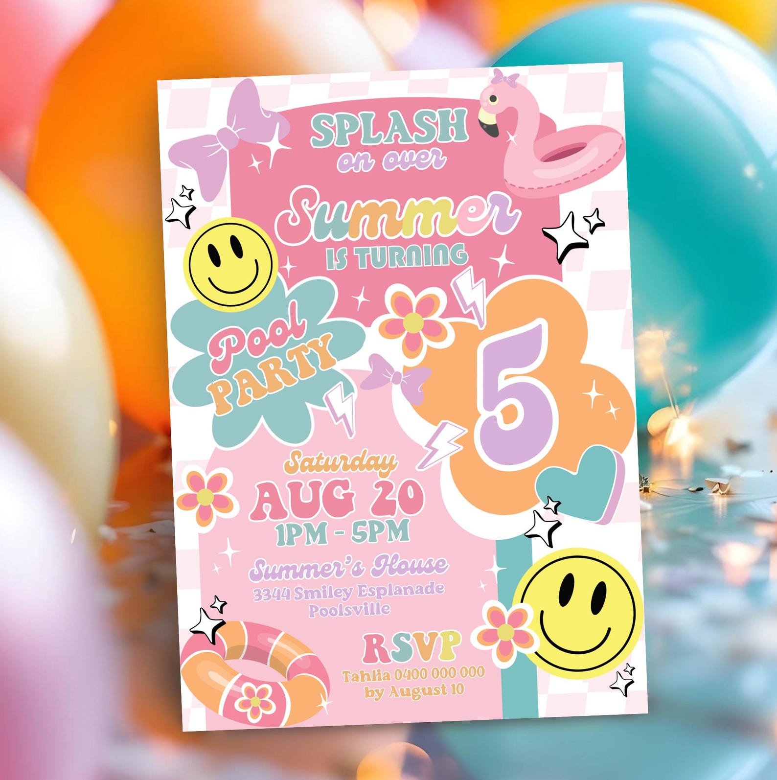 Groovy Retro Pool Party Invitation: Editable Smiley Face Emoji Invite ...