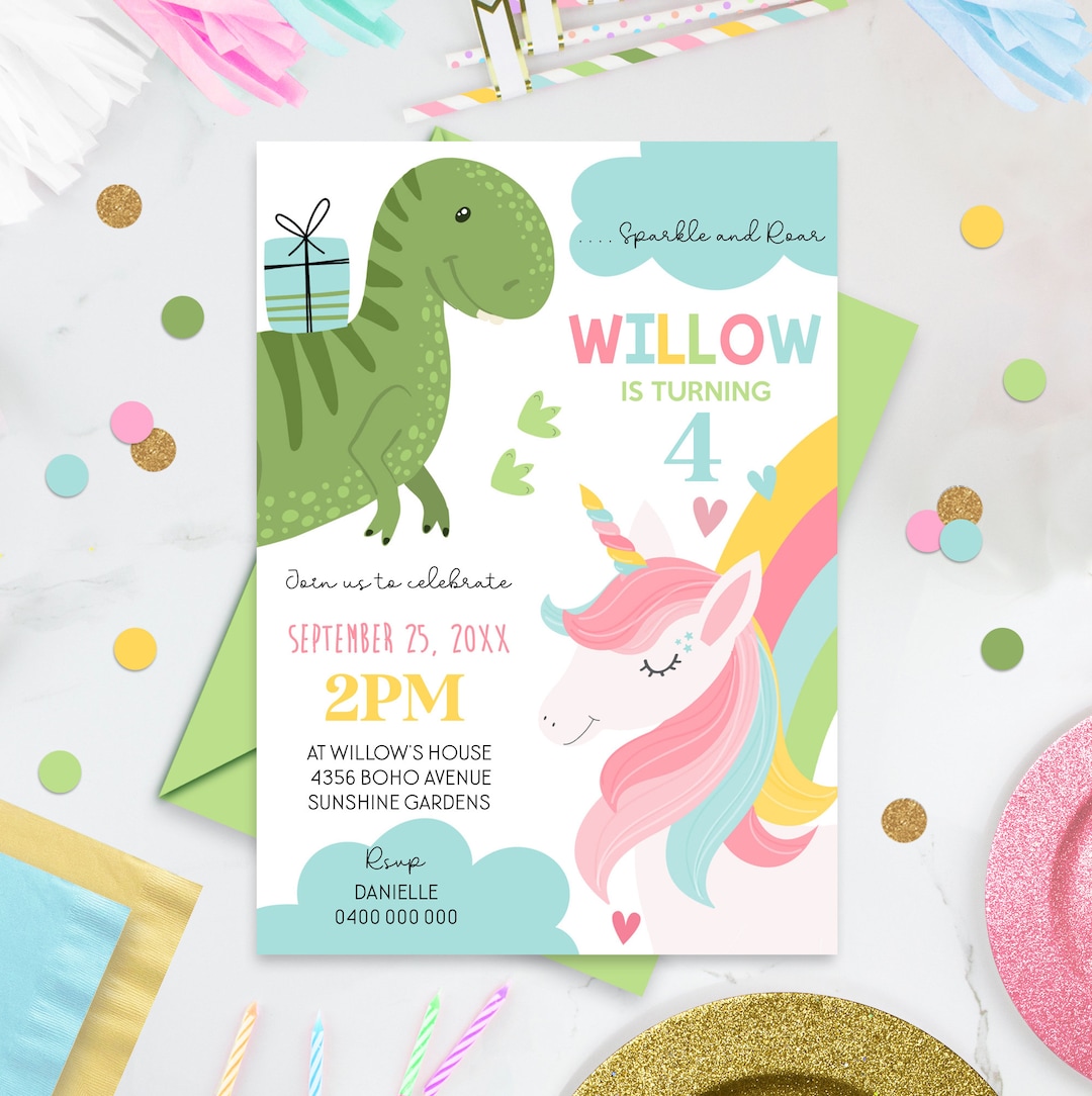 UNICORN and DINOSAUR Birthday Invitation Editable Unicorn Dinosaur ...