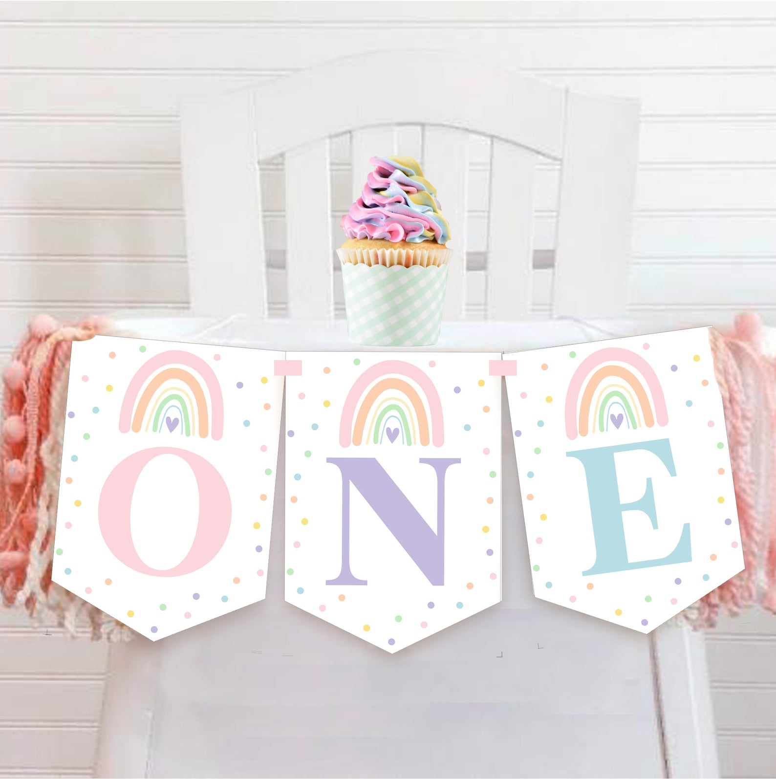 Pastel Rainbow High Chair Banner, First Birthday Girl Party Decor ...