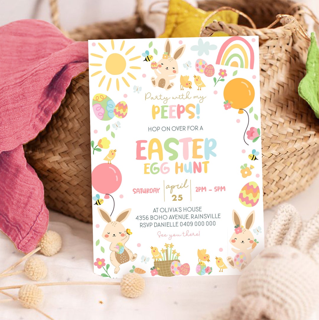 EASTER BUNNY INVITATION Editable Rainbow Bunny Invitation Spring Bunny ...