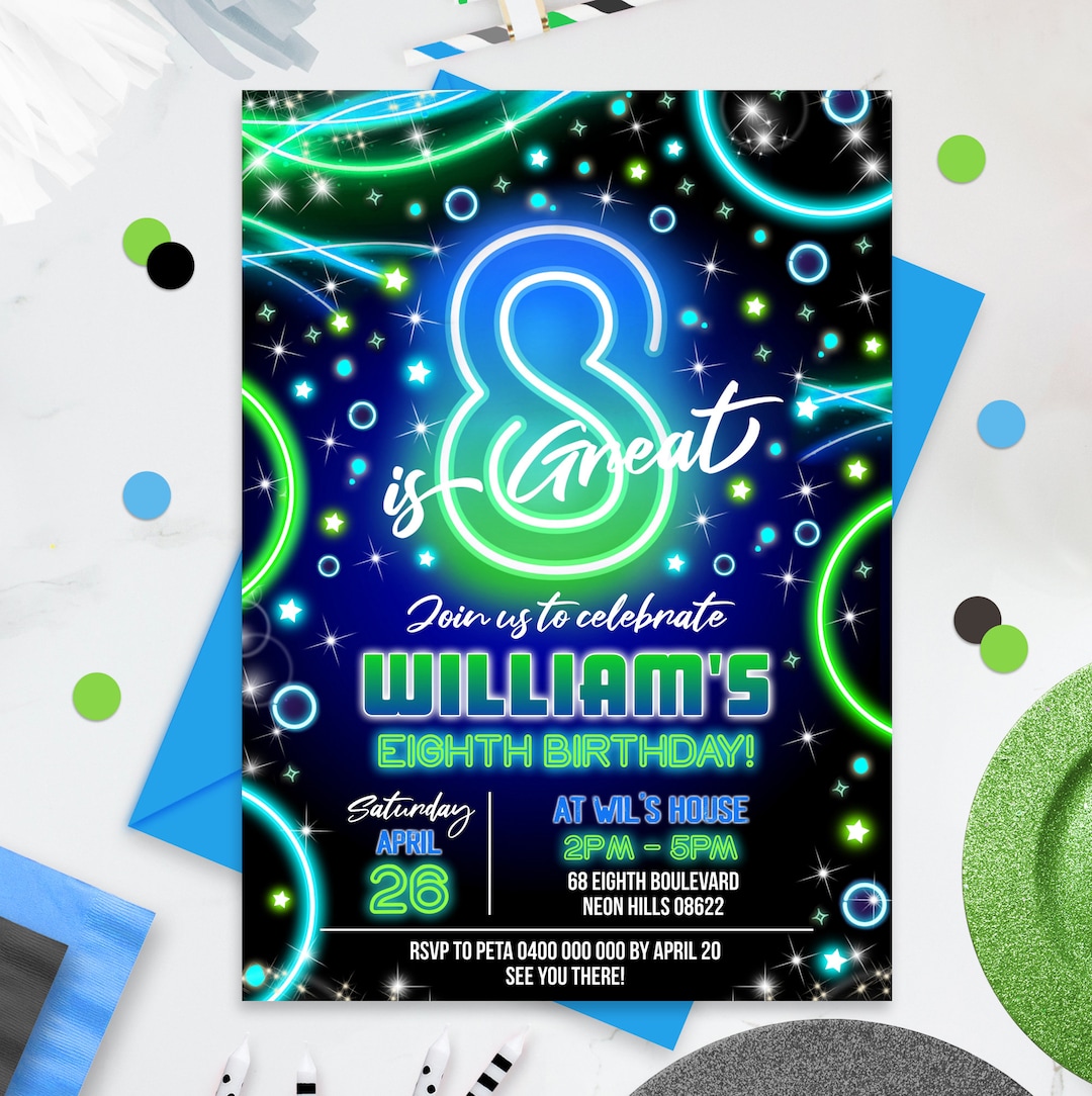 EIGHT IS GREAT Birthday Invitation Editable Neon Boy 8th Birthday ...