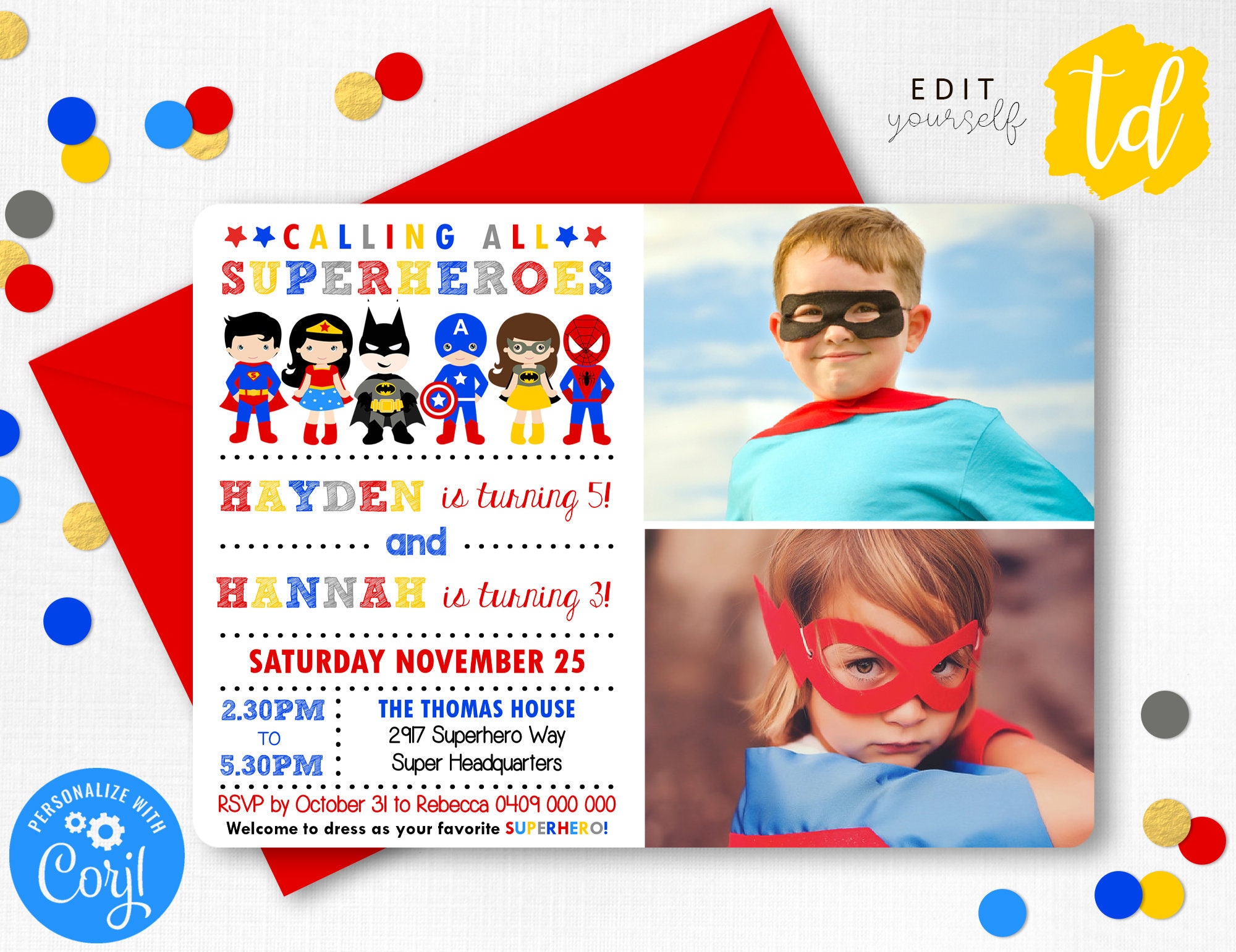 SUPERHERO Party Invitation With Photo Superhero Joint Birthday - Etsy
