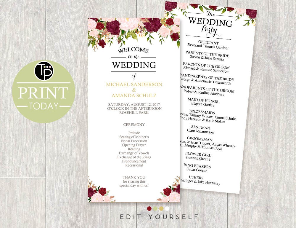 Wedding Program Template Instant Download Burgundy Wedding | Etsy
