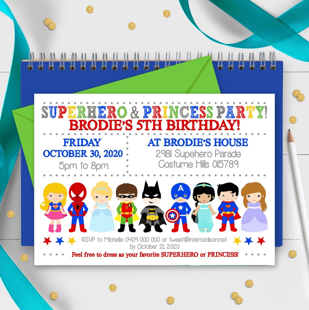 Superhero Princess Party Invitation: Editable Costume Birthday 5x7 ...