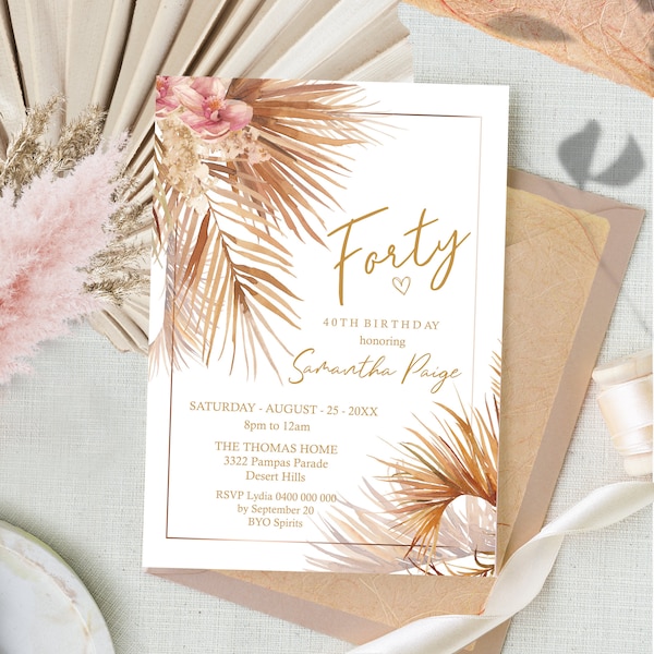 40th Boho Birthday Invitation - Etsy