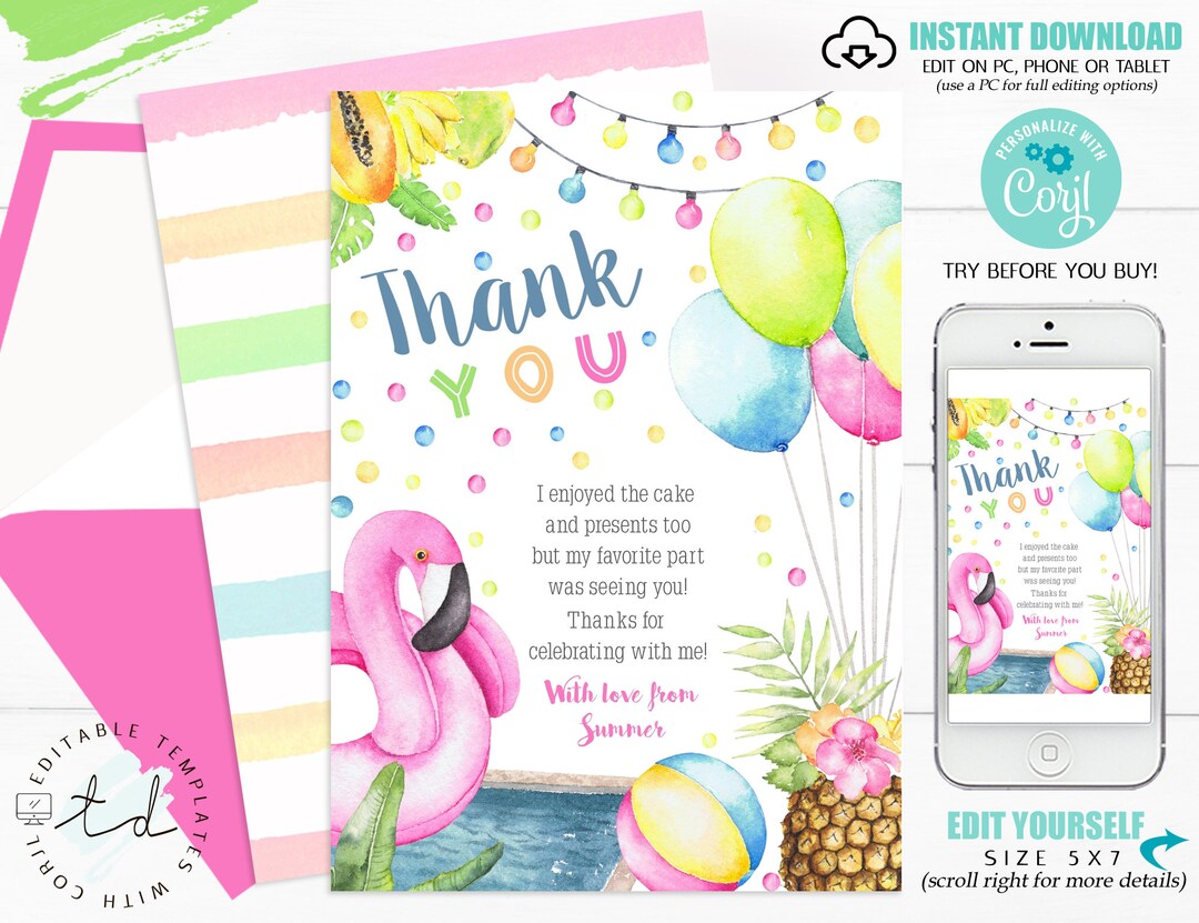 POOL Party THANK YOU Card Editable Thank You Card Thank You Card ...