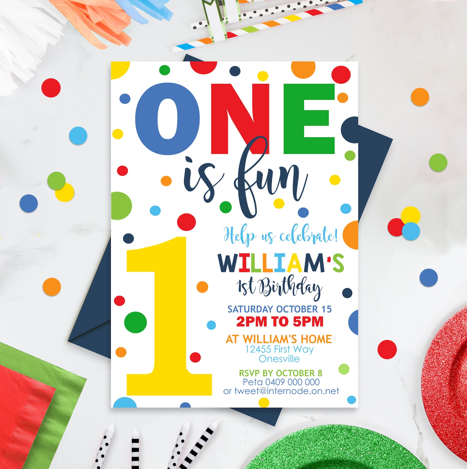 ONE IS FUN 1st Birthday Invitation: Polka Dot Primary Colors (digital ...