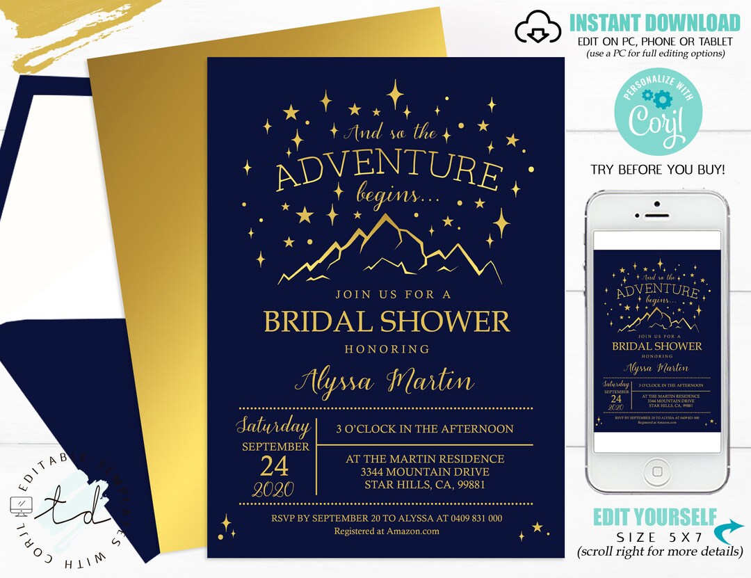 ADVENTURE BRIDAL SHOWER Einladung Und so beginnt das Abenteuer Bridal Shower Corjl Einladung ...