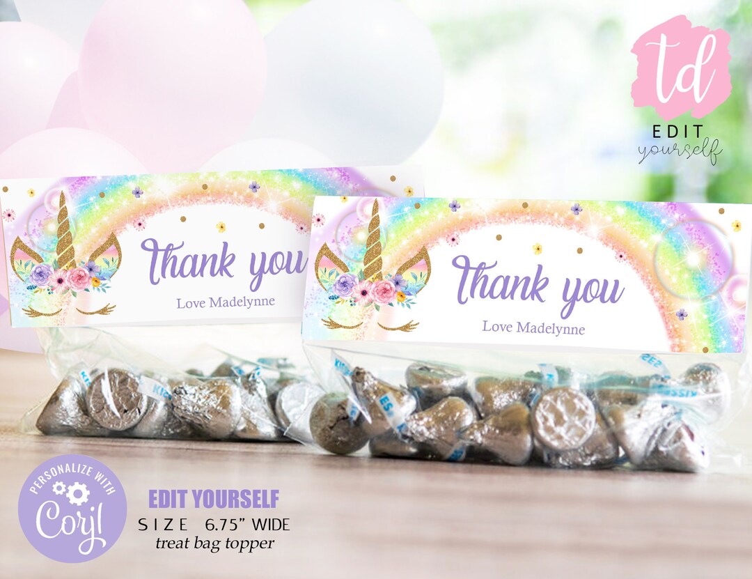 Rainbow Unicorn Treat Bag Topper: Editable Party Favors (digital ...