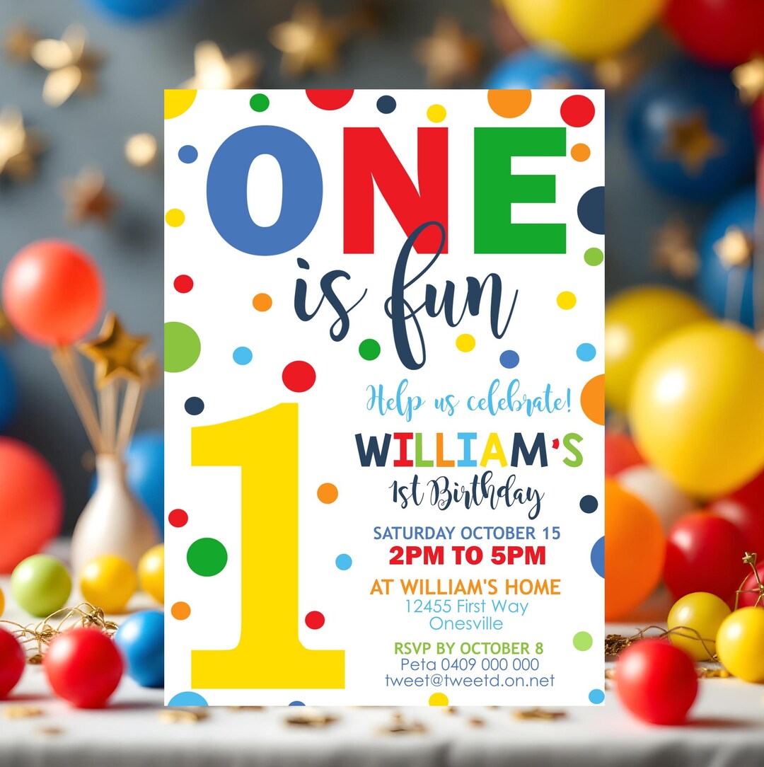 ONE IS FUN 1st Birthday Invitation: Polka Dot Primary Colors (digital ...