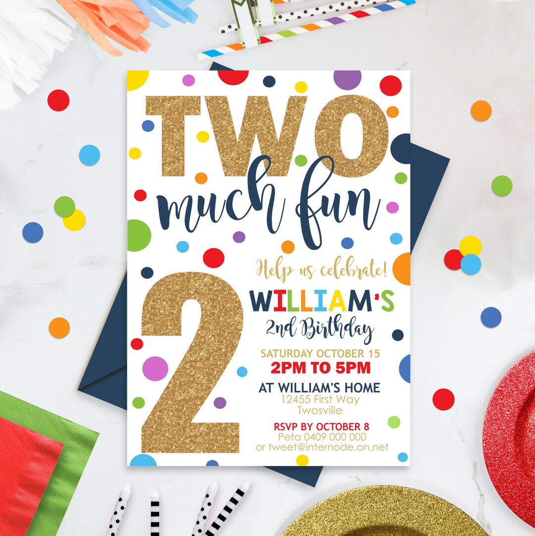 TWO MUCH FUN Birthday Invitation Editable Confetti 2nd - Etsy