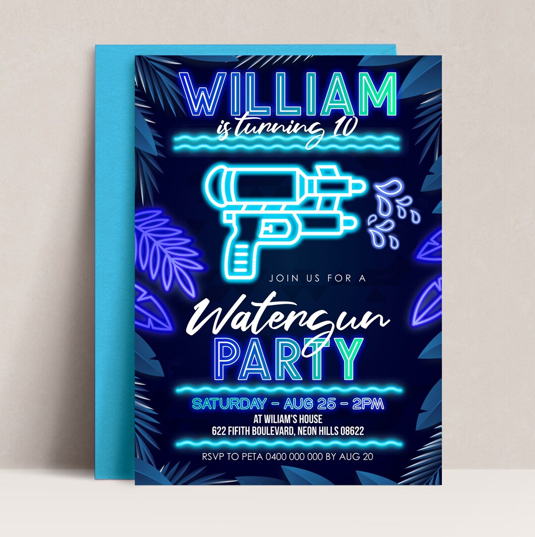 Neon Watergun Party Invitation: Editable Summer Evite (digital Download ...