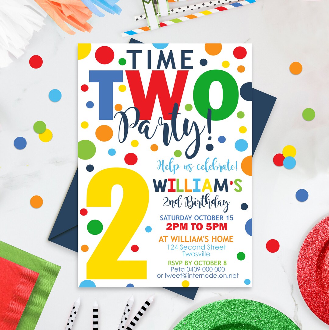 Time TWO Party Birthday Invitation Editable Confetti 2nd Birthday ...