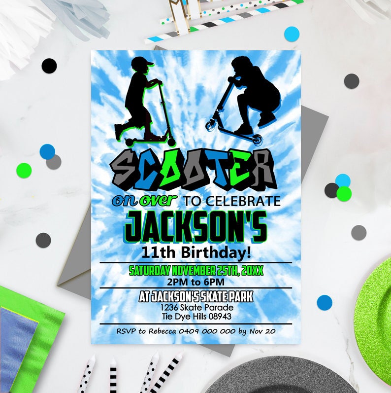 Tie Dye Scooter Birthday Invitation: Skate Park Party (digital Download ...