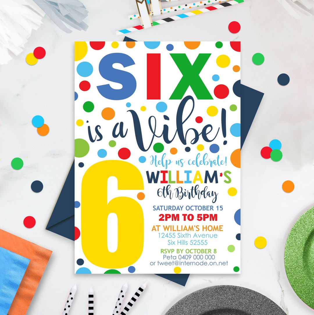 SIX IS A VIBE Birthday Invitation Editable Confetti 6th Birthday Invite ...
