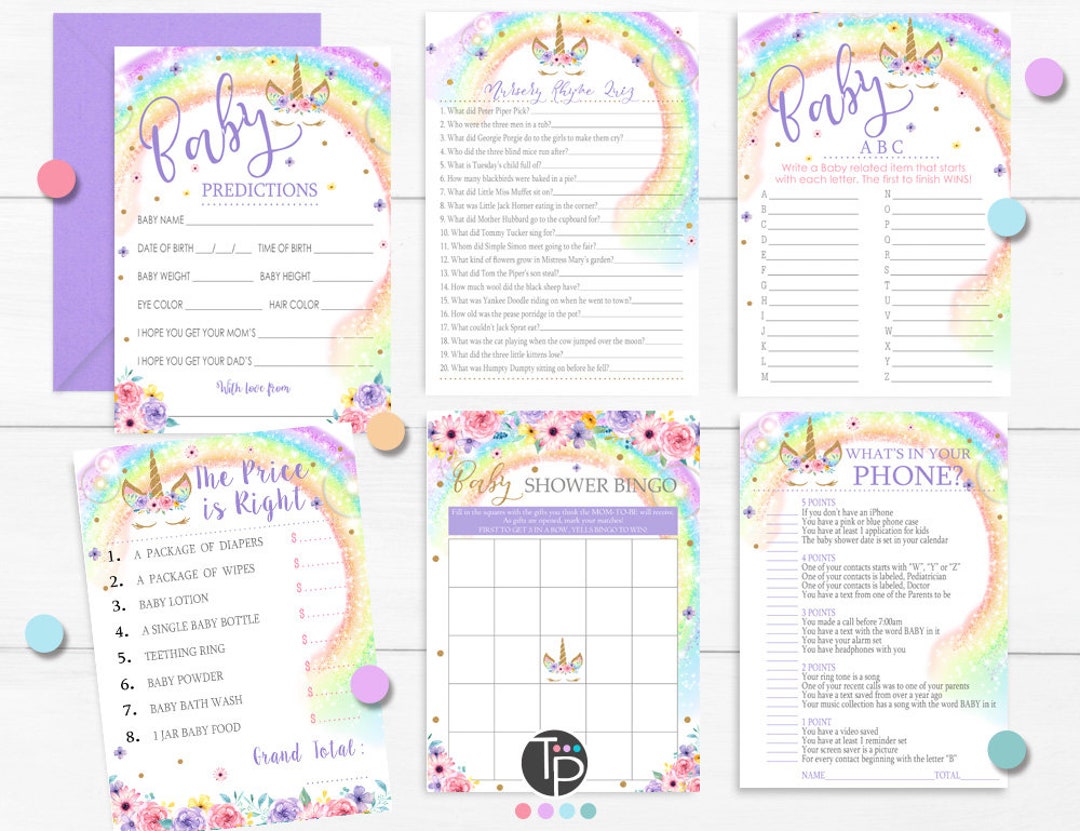 Rainbow Unicorn Baby Shower Games, Printable (instant Download) - Etsy