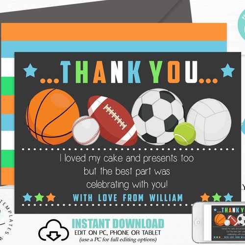 Editable Sports Birthday Thank You Card Sports Thank You All - Etsy