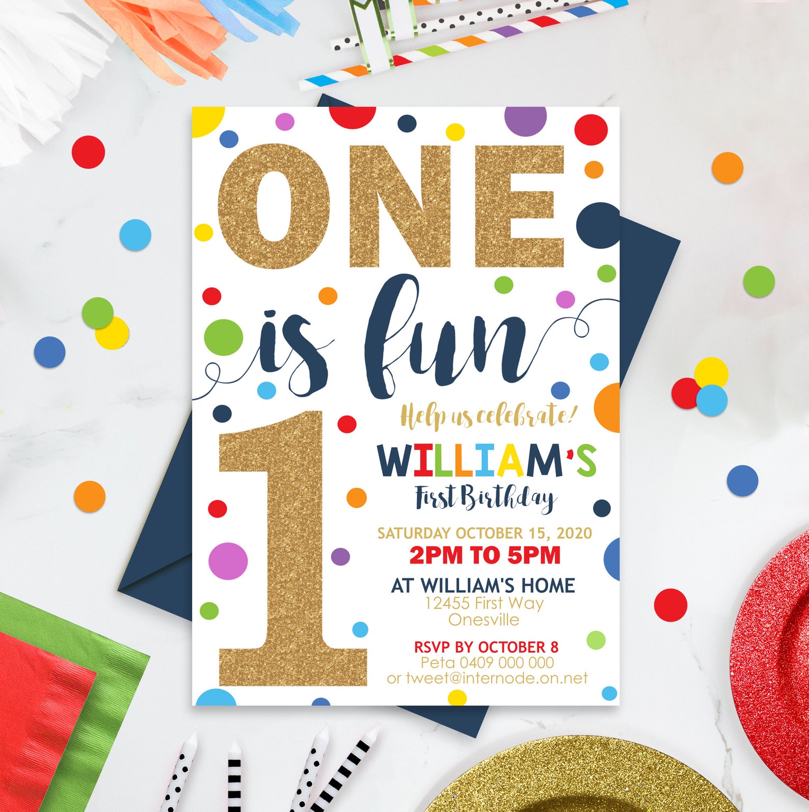 Confetti Boy 1st Birthday Invitation: Polka Dot Primary Colors (digital ...
