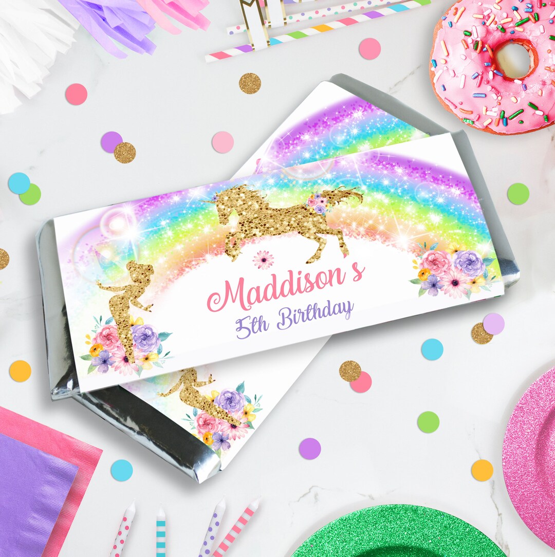 RAINBOW UNICORN FAIRY Chocolate Bar Wrappers Unicorn Favors Hershey Bar ...