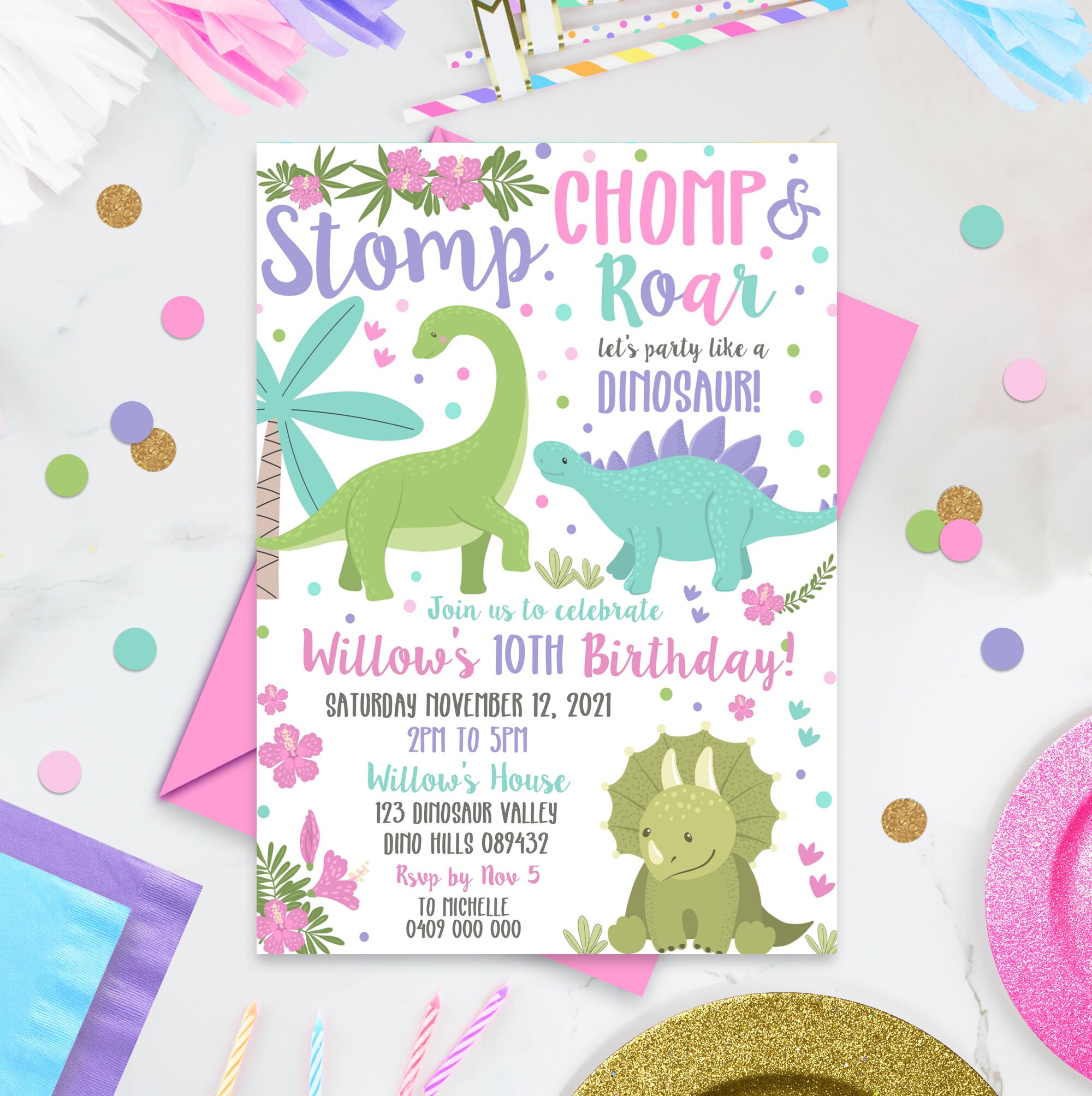 Dinosaur Birthday Invitation Girl Instant Download Stomp Chomp and Roar ...