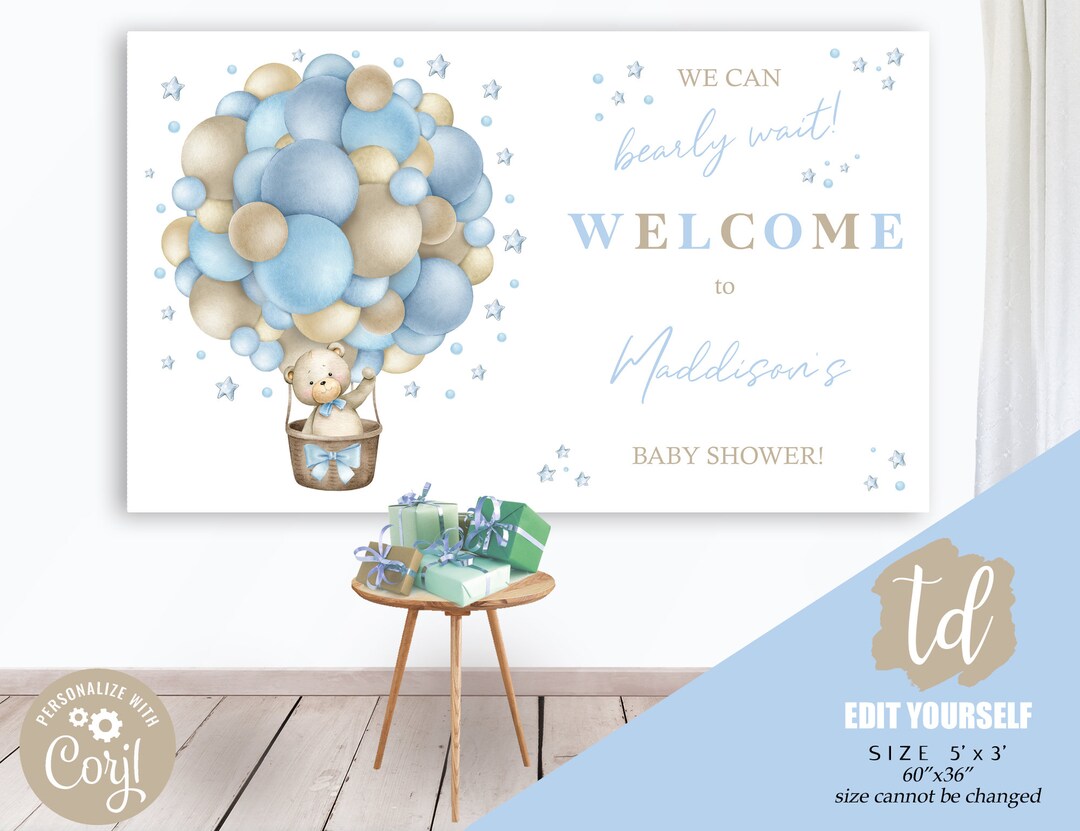 TEDDY BEAR BANNER Bear and Balloon Baby Shower Banner Instant Download ...