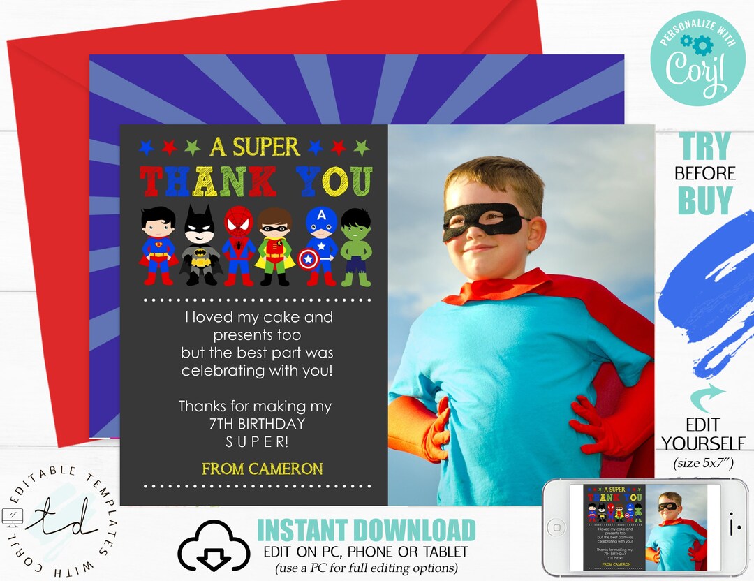 SUPERHERO THANK YOU Card Photo Superhero Thank You Superhero Party ...