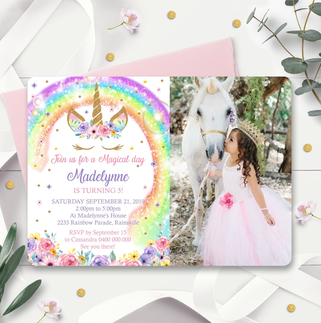 Rainbow Unicorn Photo Birthday Invitation: Editable Template (digital ...