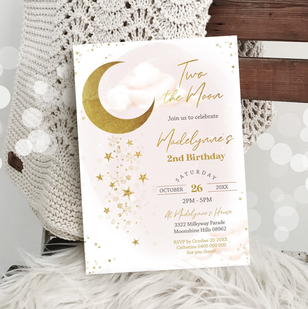 TWO THE MOON Birthday Invitation Editable Moon Invitation Moon Star ...