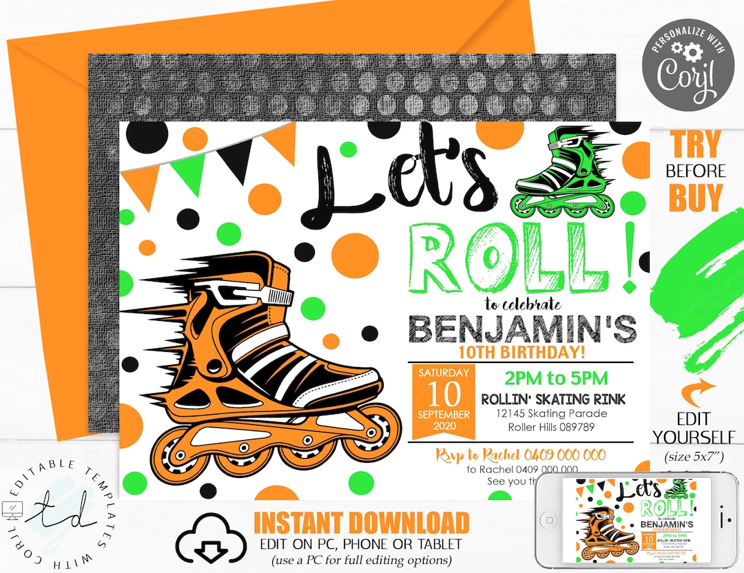 ROLLER BLADE PARTY Invitation Instant Download Rollerblade Invitation ...