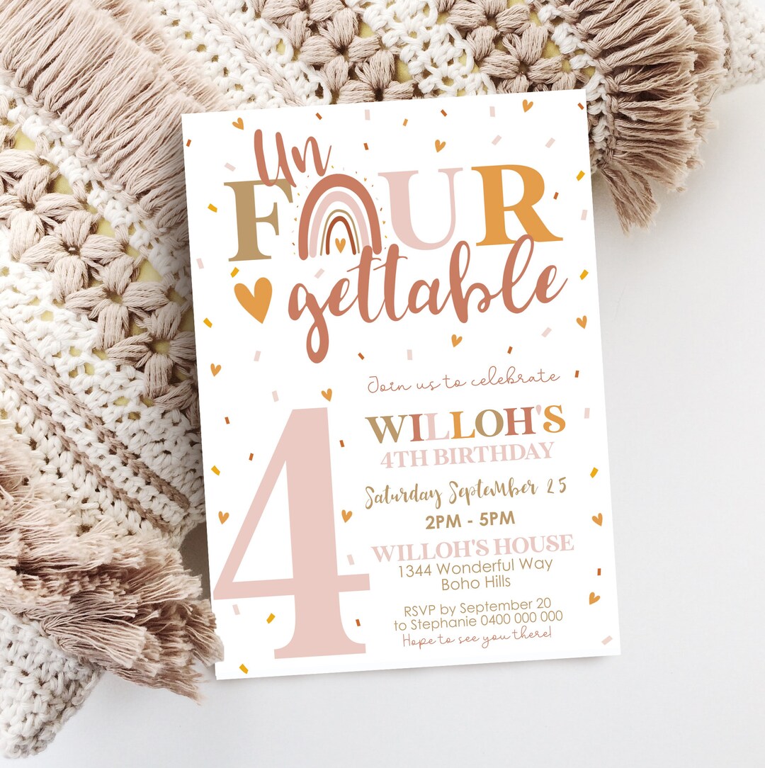 Invitación de cumpleaños inolvidable Editable 4to cumpleaños Invitación ...