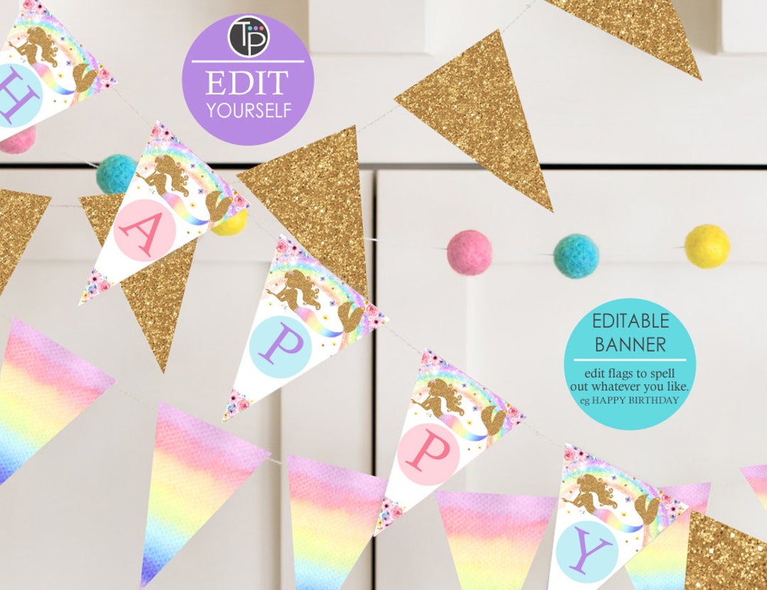 Rainbow Mermaid Banner Editable Rainbow Mermaid Bunting Happy - Etsy