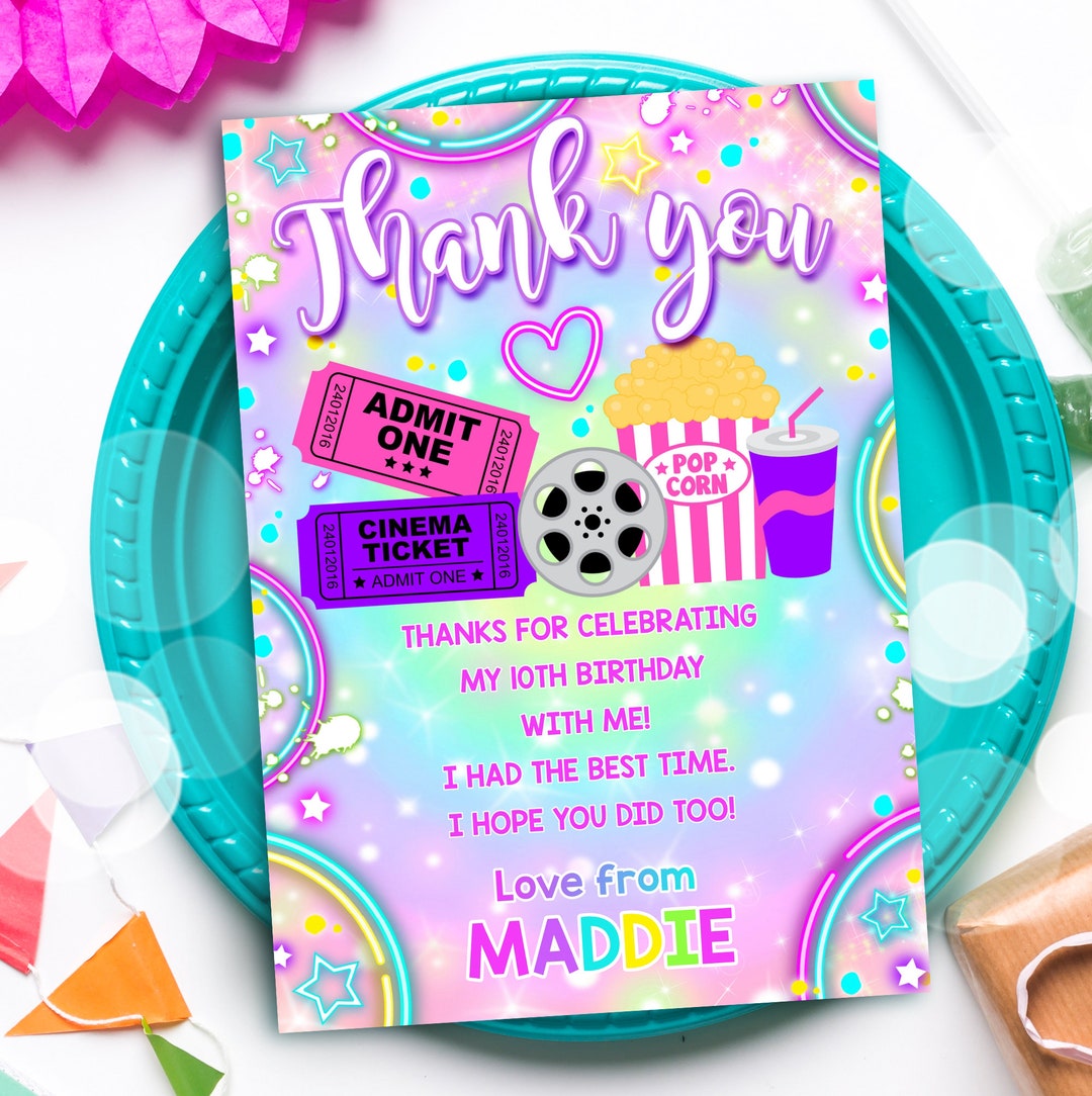 MOVIE THANK YOU Card Instant Download Neon Movie Party Thank You Card ...
