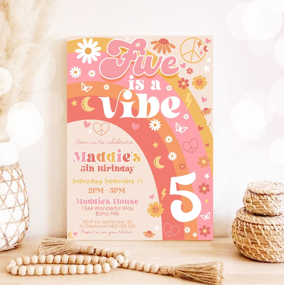 Five is a Vibe Birthday Invitation: Groovy 5th Birthday (digital ...